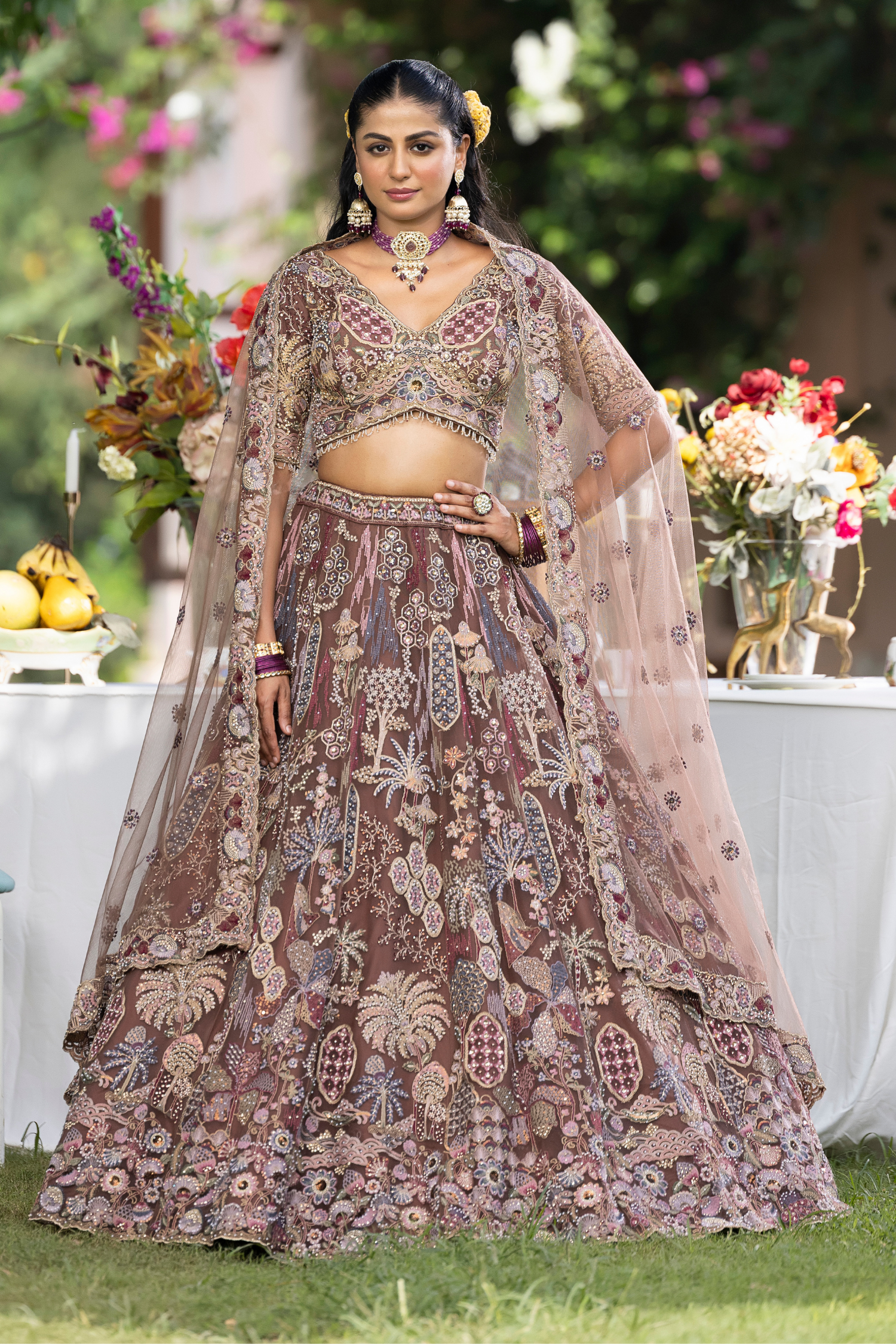 Shop Designer Brown Net Lehenga Online | Zari Jaipur