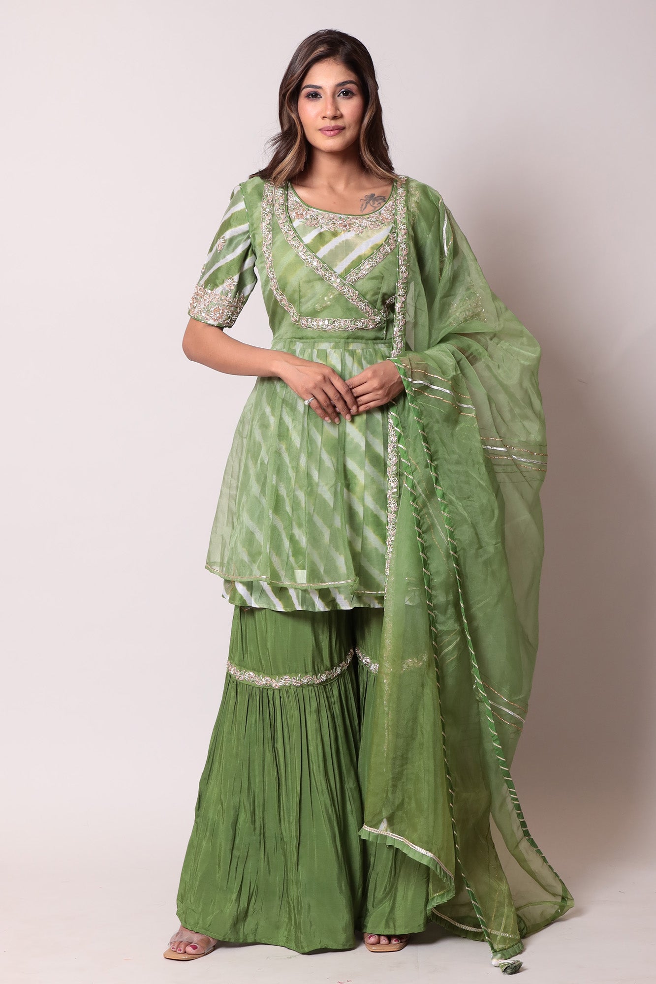 Leheriya Kurta with Organza Peplum Jacket With Sharara Set – Zari Jaipur